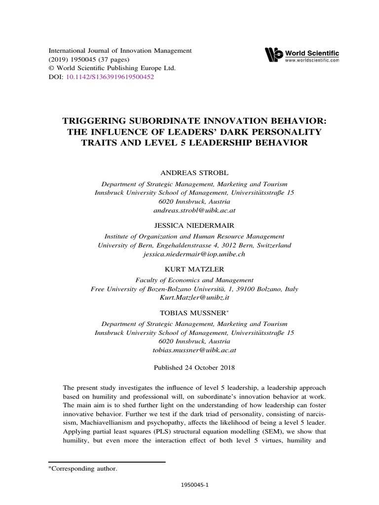 Dark Personality and Innovation Leadership | PDF | Dark Triad | Leadership