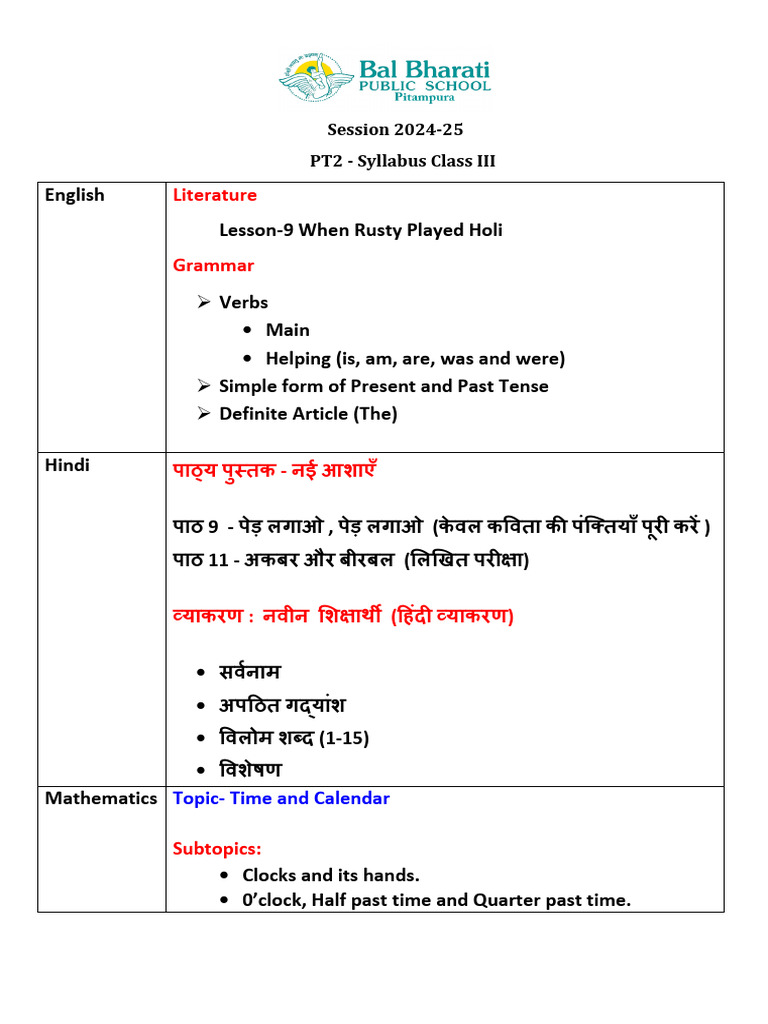 Class III Syllabus Pt2 2024-25 | PDF