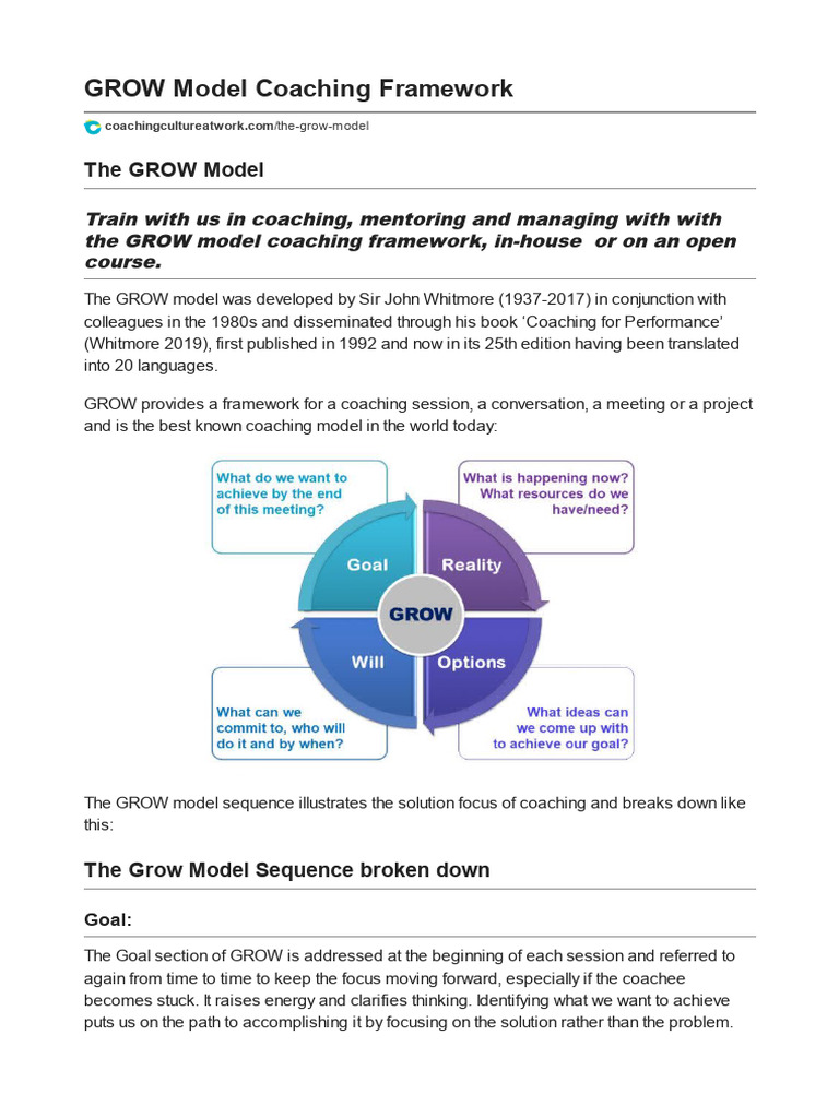 The GROW Model Coaching Framework - Culture at Work | PDF | Psychology | Cognition
