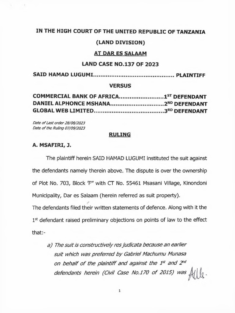 Said Hamad Lugumi Vs Commercial Bank of Africa 2 Others (Land Case No ...