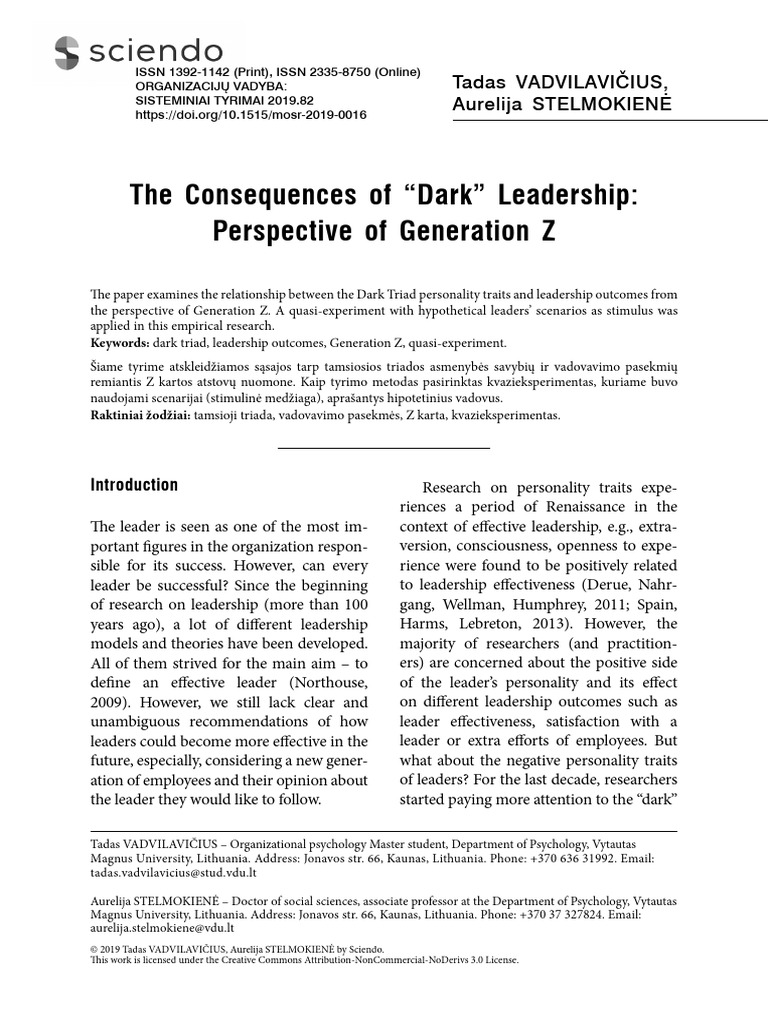 The Consequences of "Dark" Leadership: Perspective of Generation Z ...