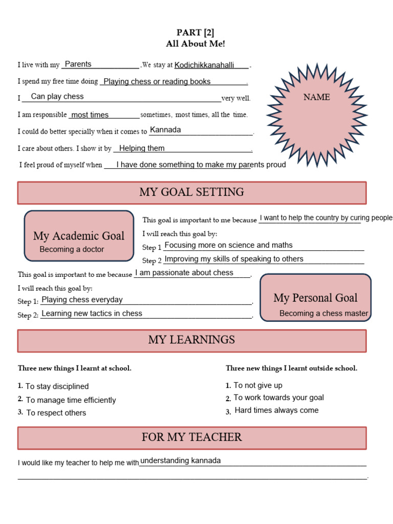 My Goal Setting: PART (2) All About Me! | PDF | Behavior Modification ...