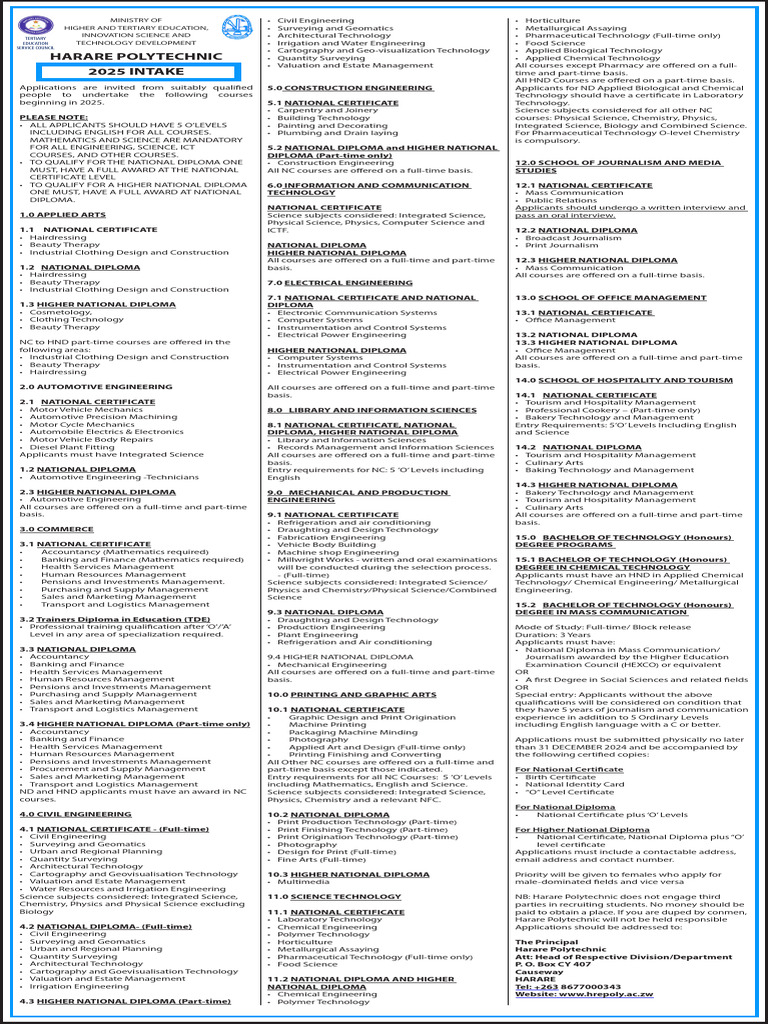 Harare Polytechnic 54x6 | PDF | Engineering | Diploma