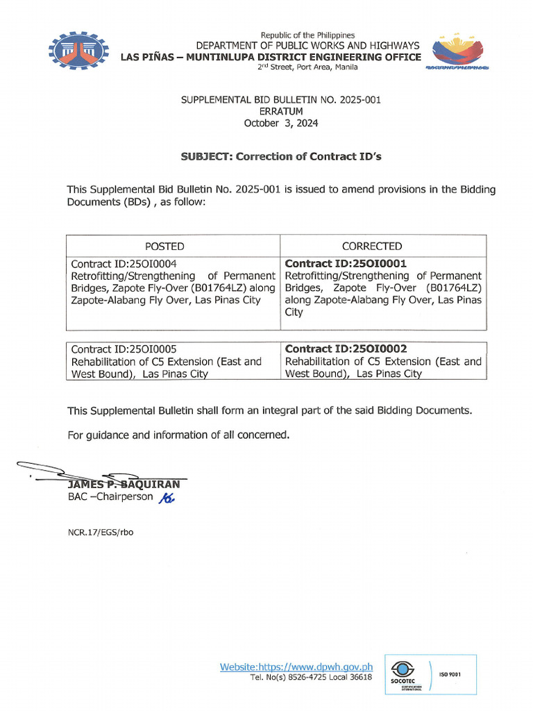 SB BULLETIN - 2025 - 001 Correction of Contract ID | PDF