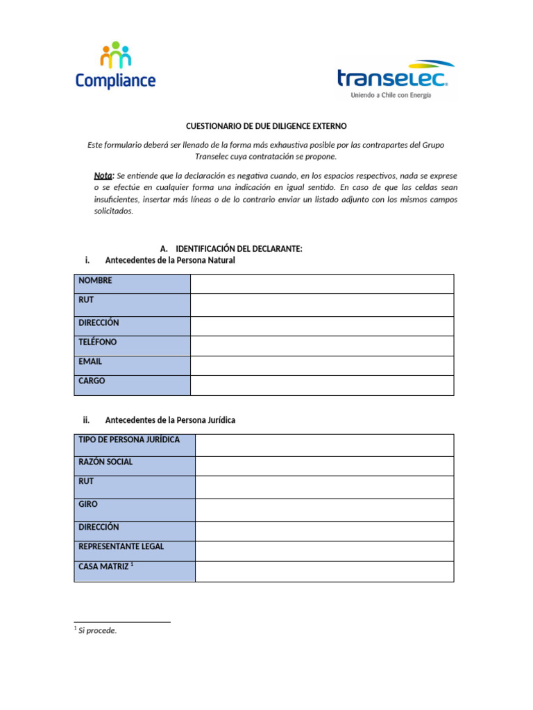 Cuestionario de Due Diligence Del Grupo Transelec para Externos ...