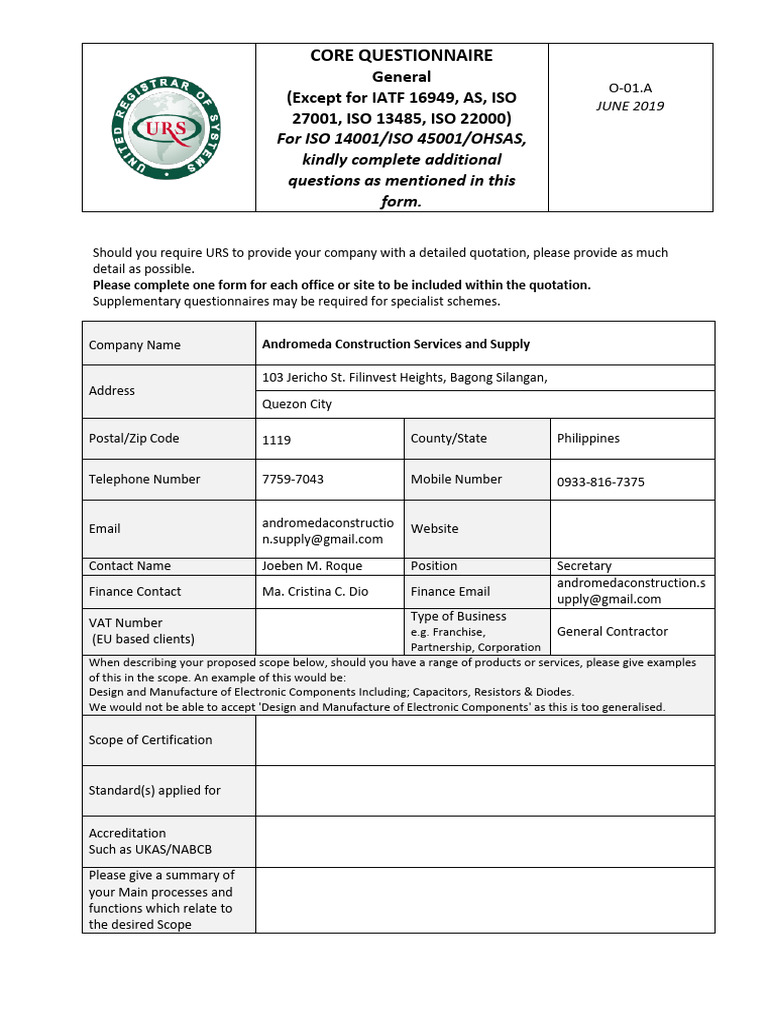 URSP O-01.A Core Questionnaire_General June 2019 Philippines - ACSS | PDF