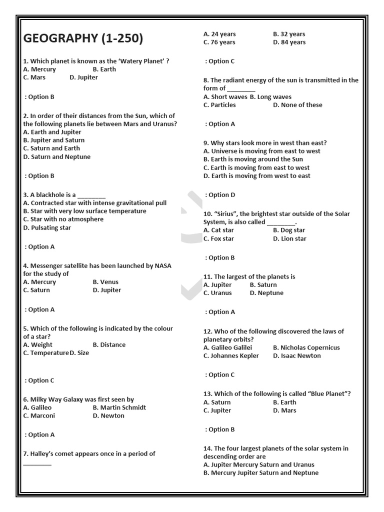 Geography For All Exam Level 1 | PDF | Planets | Solar System