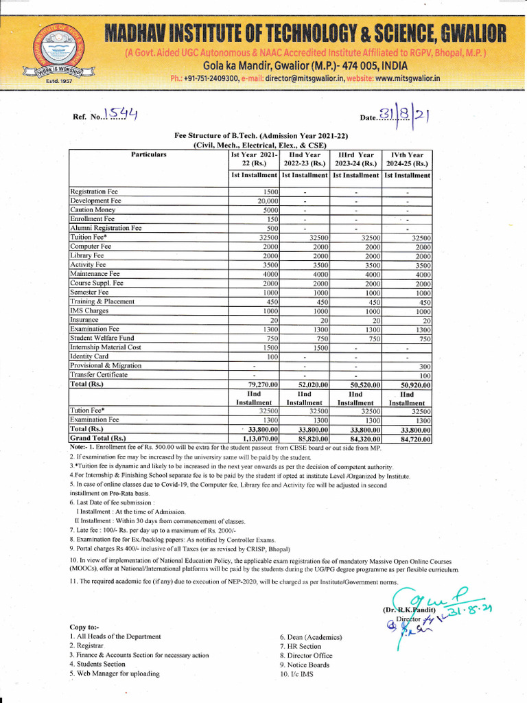 Dispatch No. 1544 Dated 31.08.2021 - Fees Structure of B.Tech. (Admission Year 2021-22) (6 Files ...