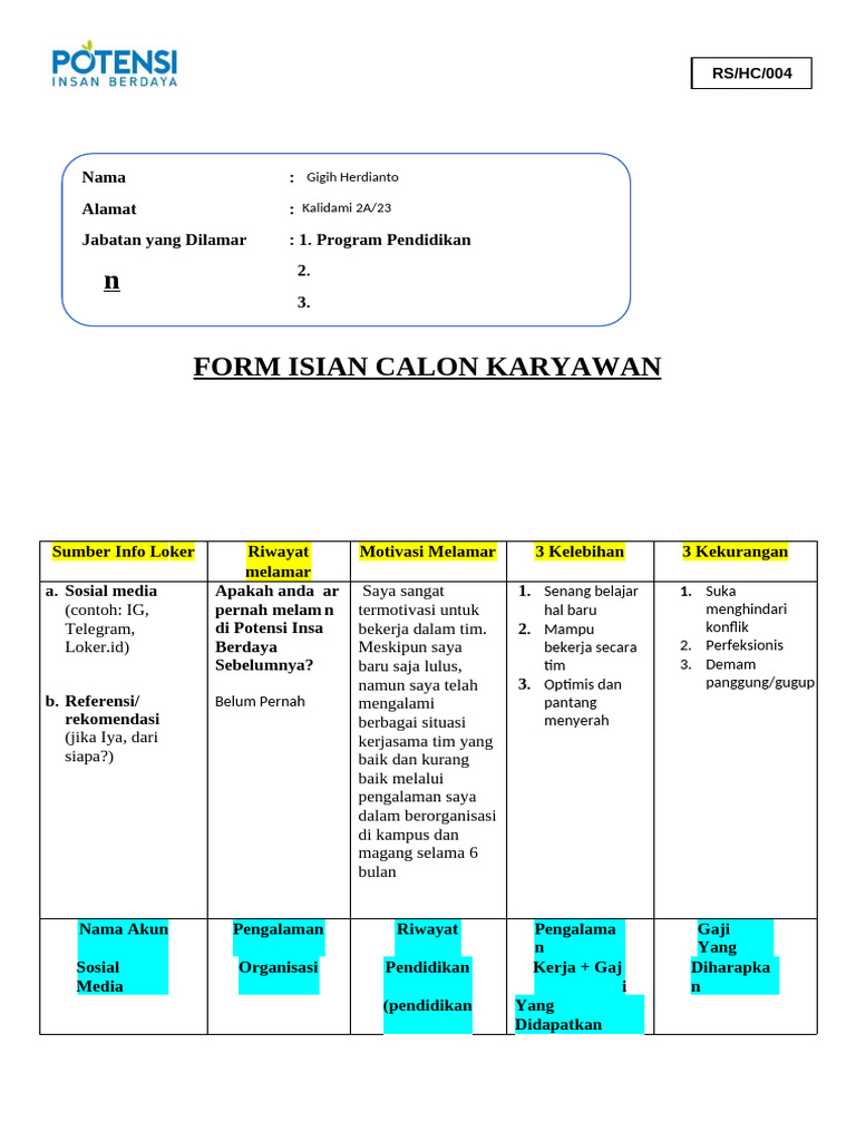 Form Isian Calon Karyawan | PDF