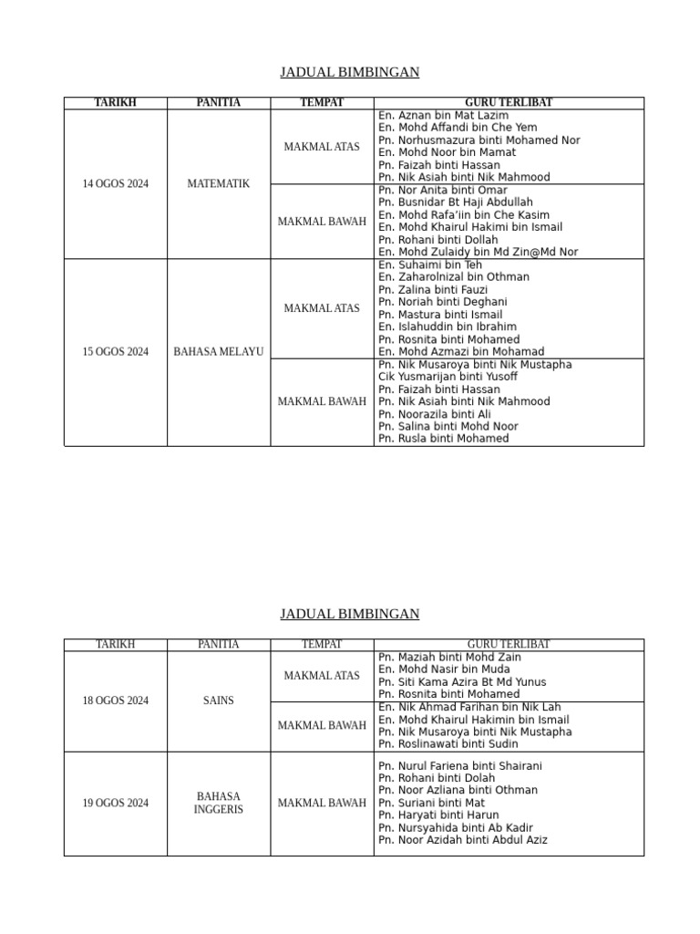 JADUAL BIMBINGAN TMK | PDF