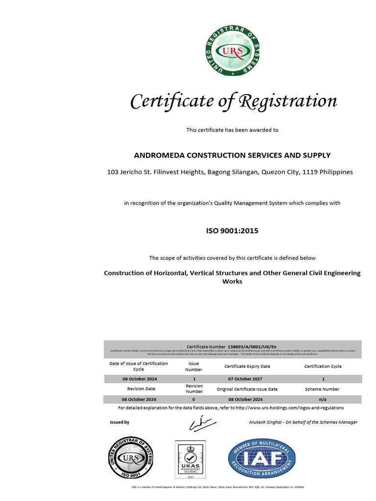Andromeda Construction_ISO 9001_2015 Draft Certificate (1) | PDF