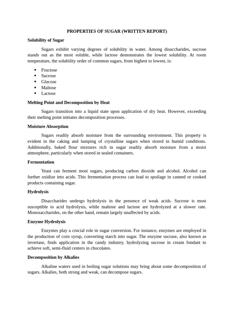 Properties of Sugar FINAL WRITTEN REPORT OUTLINE | PDF | Sugar | Diet ...