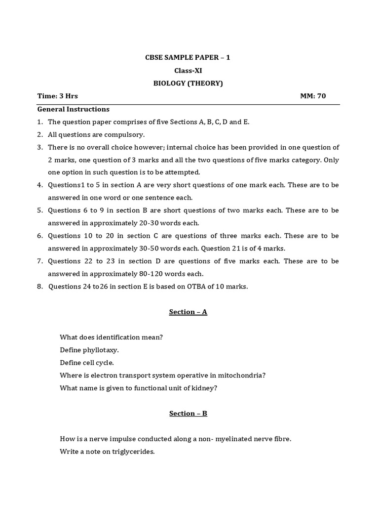 Class 11 Biology Sample Papers | PDF | Digestion | Muscle Contraction