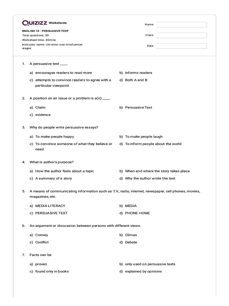 English 10 Persuasive Text Worksheet | PDF | Persuasion | Argument