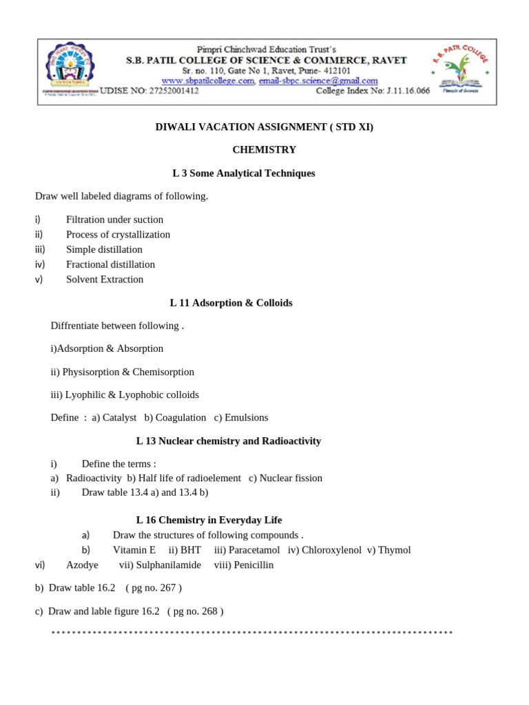 Diwali Vacation Assignment (STD Xi) Chemistry L 3 Some Analytical Techniques | PDF