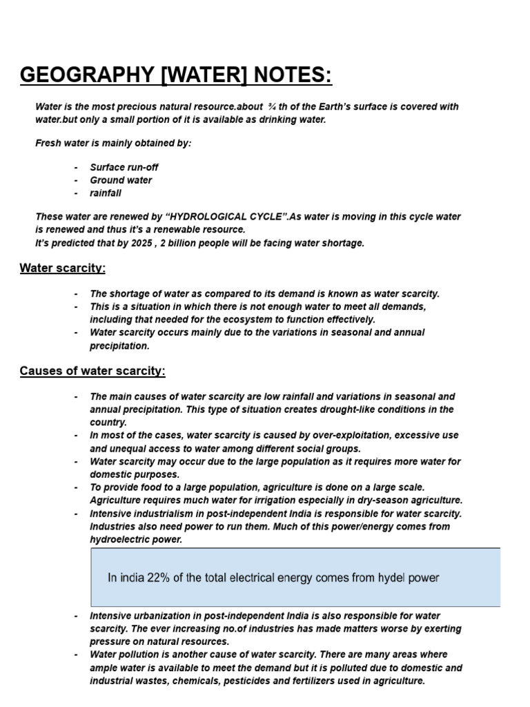 geo water notes | PDF | Water Scarcity | Dam