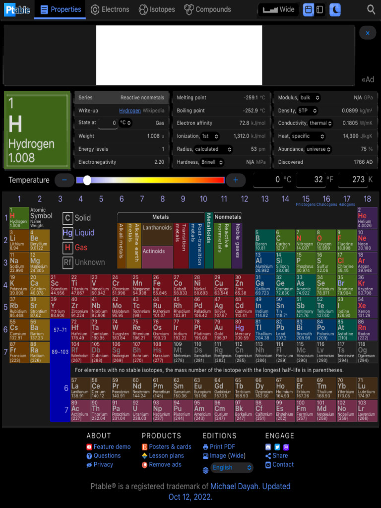 Periodic Table - Ptable - Properties | PDF | Hydrogen | Atoms