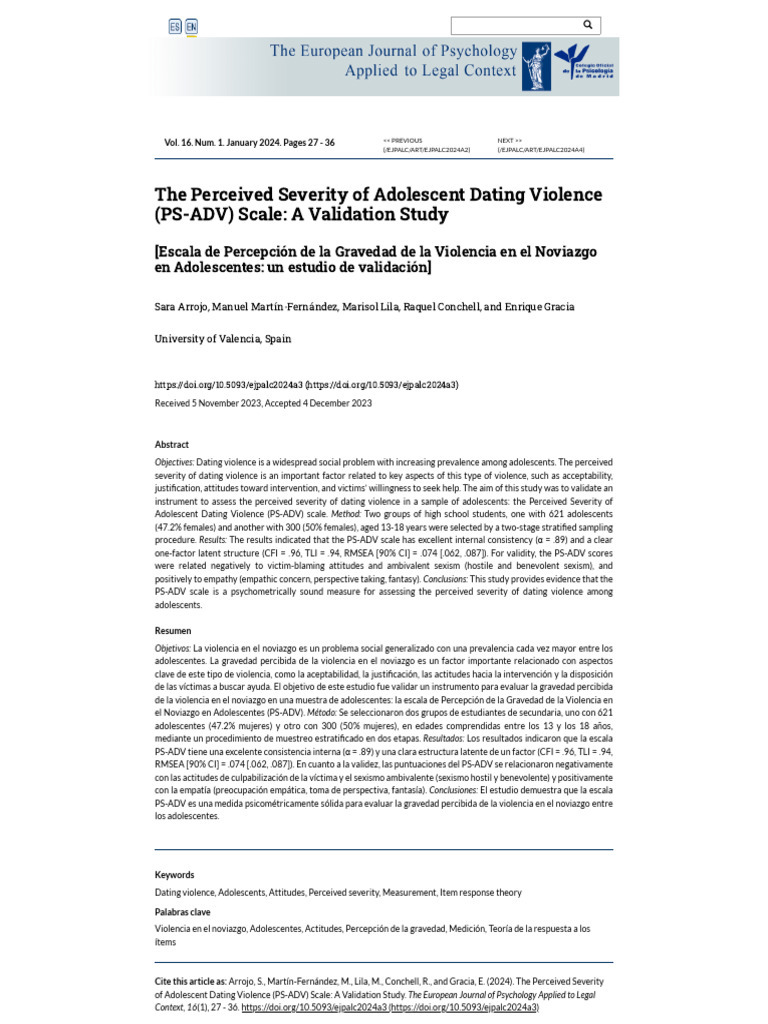 The Perceived Severity of Adolescent Dating Violence (PS-ADV) Scale - A ...