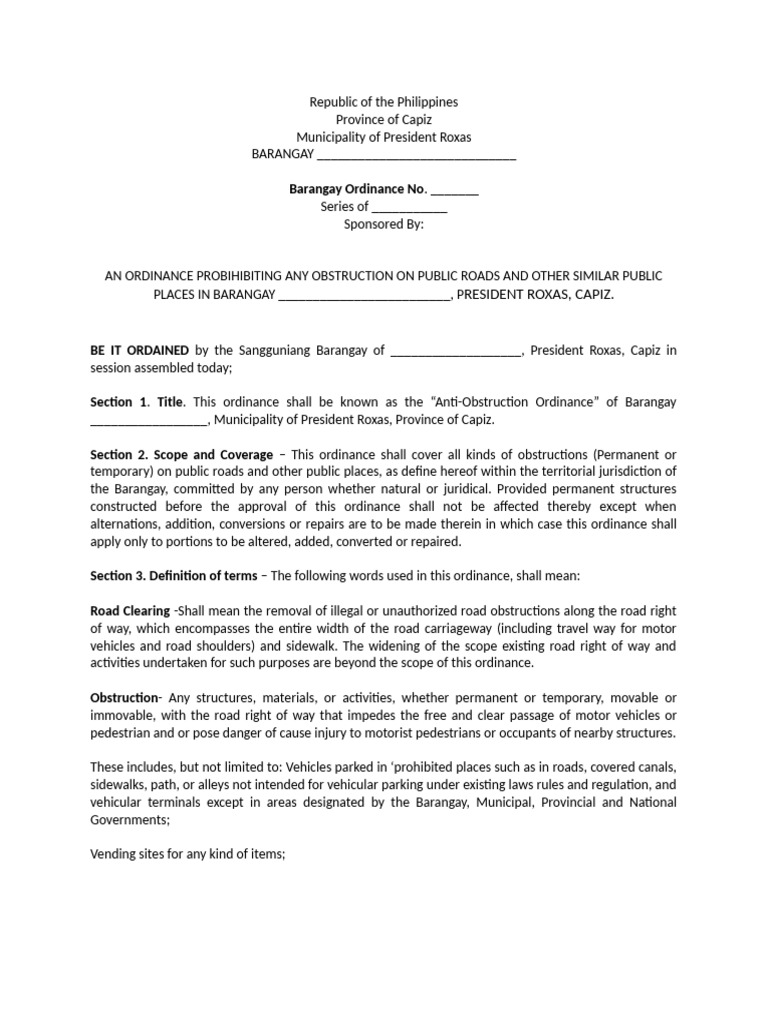 Barangay Road Clearing Ordinance President Roxas | PDF | Road | Traffic