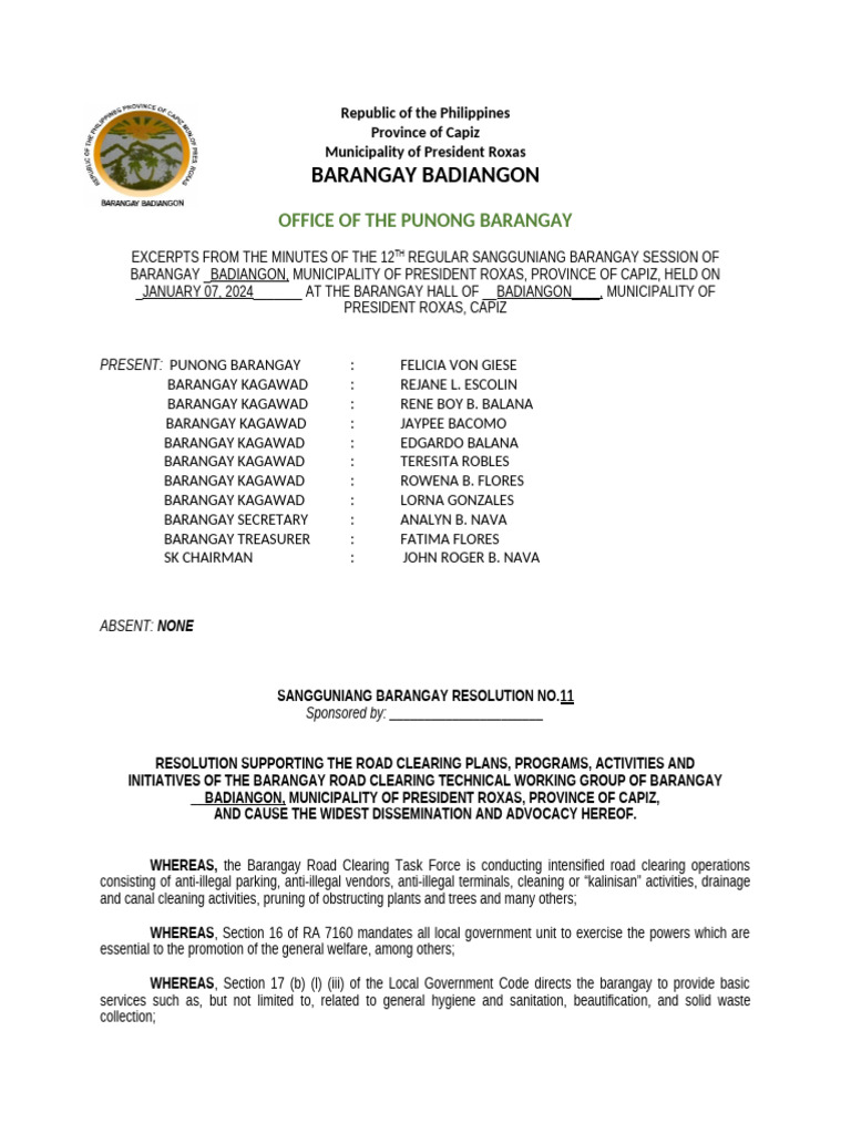 Barangay Resolution Support Road Clearing | PDF | Government