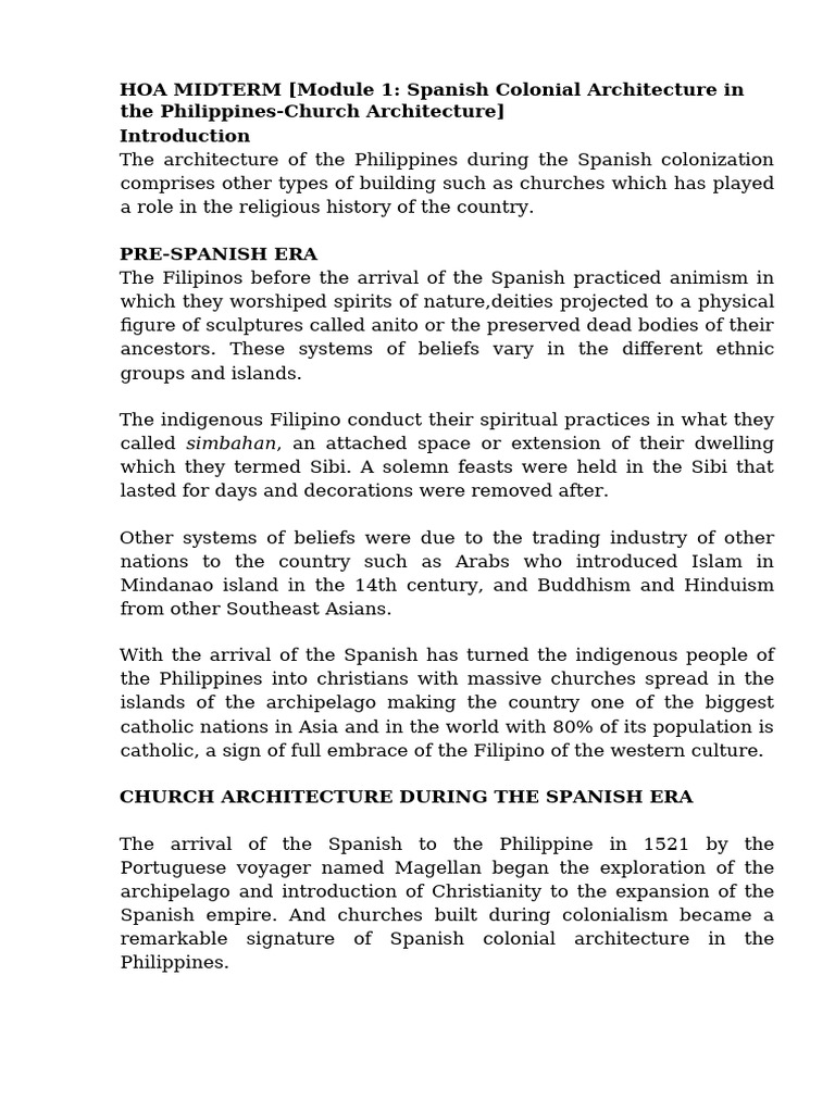 MIDTERM - HOA 4 - Module 1 - PHILIPPINE CHURCH ARCHITECTURE IN SPANISH ERA | PDF