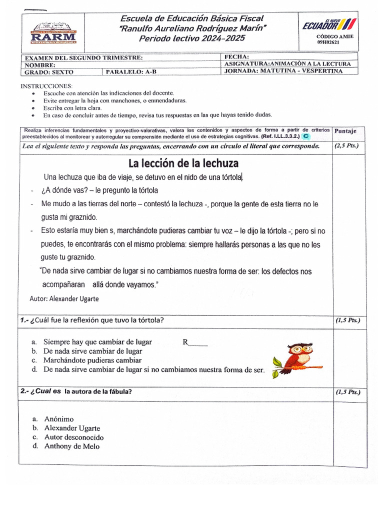 Examen Animación A La Lectura 2Q | PDF
