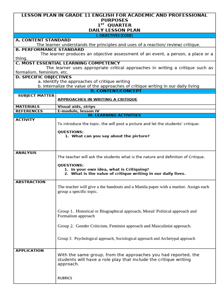 LP Eapp Approaches in Writing A Critique | PDF | Learning | Lesson Plan