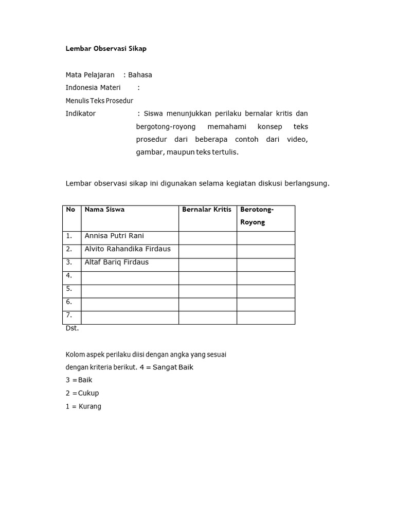 Lembar Observasi Sikap - Konsep Teks Prosedur | PDF