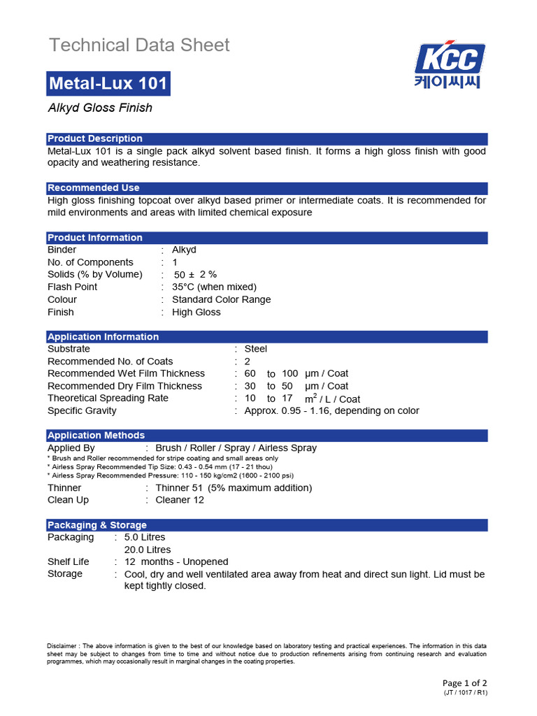 KCC Metal-Lux 101 Finish | PDF | Paint | Materials