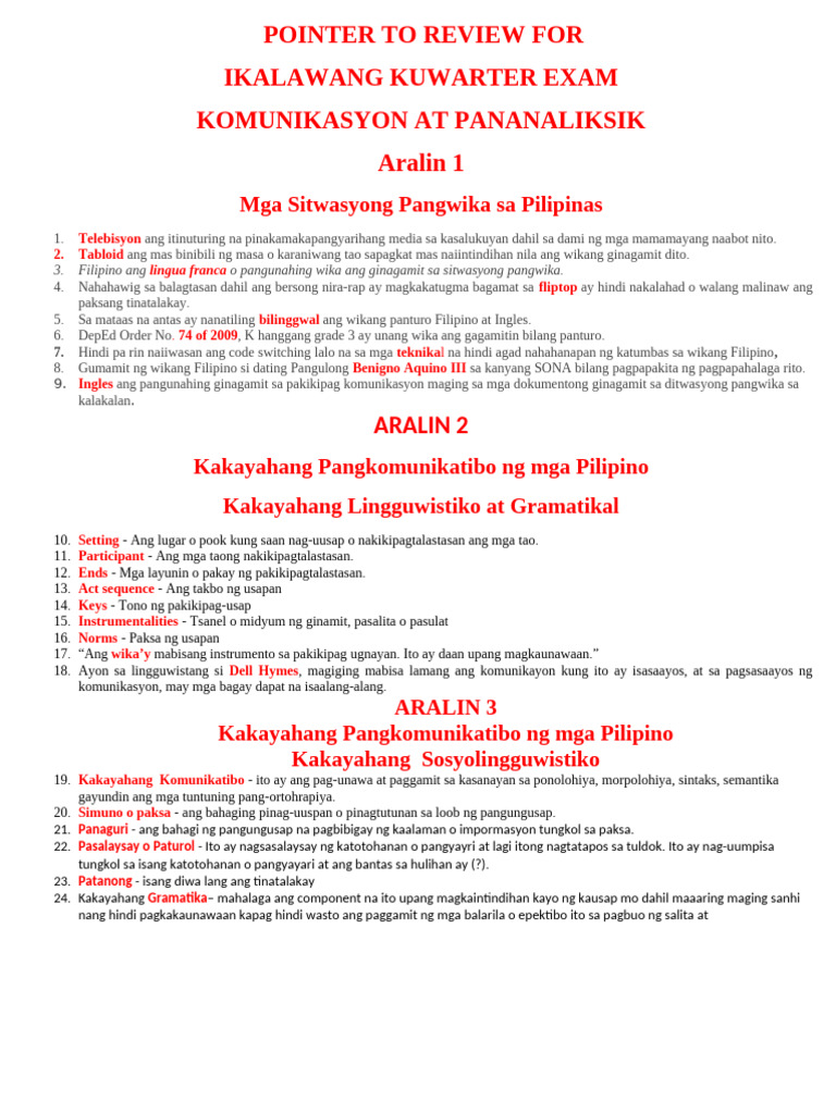 Pointer To Review For Second Quarter Exam Kompan | PDF