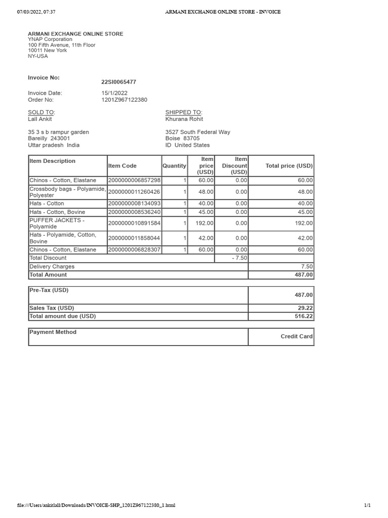 2 Armani Exchange Online Store - Invoice | PDF | Invoice | Trade