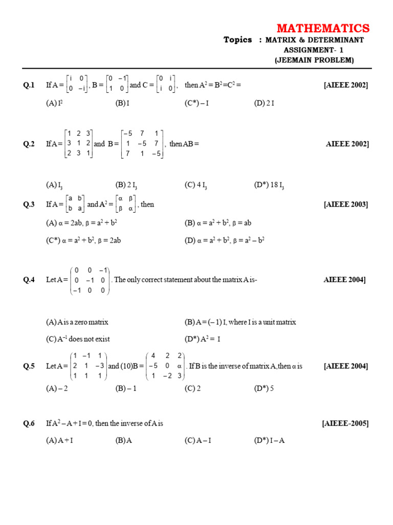 CHAPTERWISE Matrix Problem | PDF | Matrix (Mathematics) | Determinant