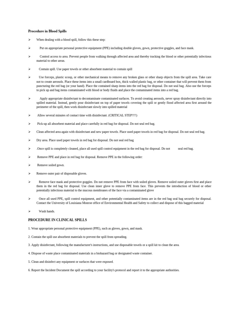 Procedure in Blood Spill | PDF | Personal Protective Equipment ...
