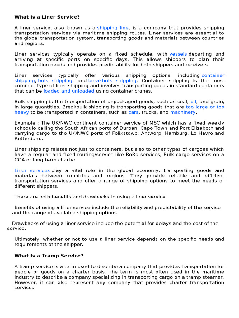 Liner Service Vs Tramp | PDF | Cargo | Containerization