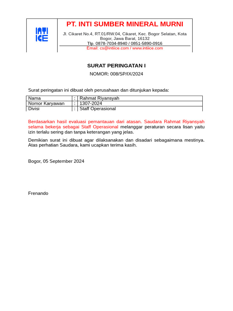 FORMAT Surat Peringatan Pertama (SP-1) | PDF