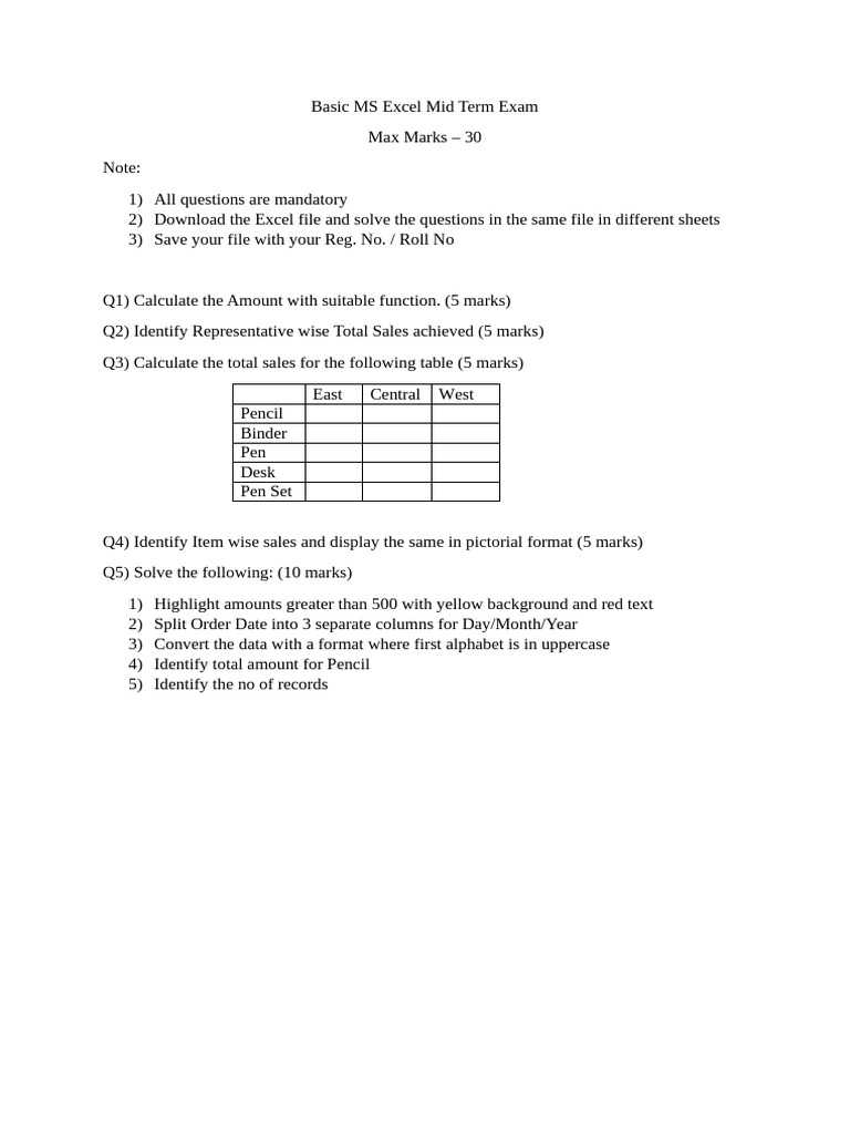 Basic MS Excel Mid Term Exam Question Paper | PDF