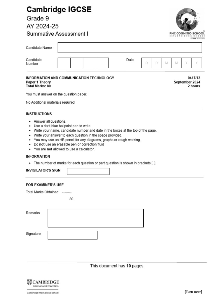g9 Ict Sa1 Paper 1 Theory QP | PDF | Computers