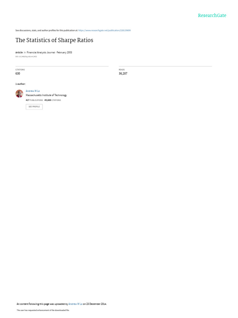 The Statistics of Sharpe Ratios | PDF | Standard Deviation | Statistics