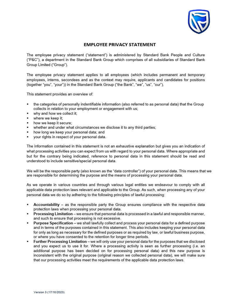 Employee Privacy Statement Overview | PDF | Employment | Privacy
