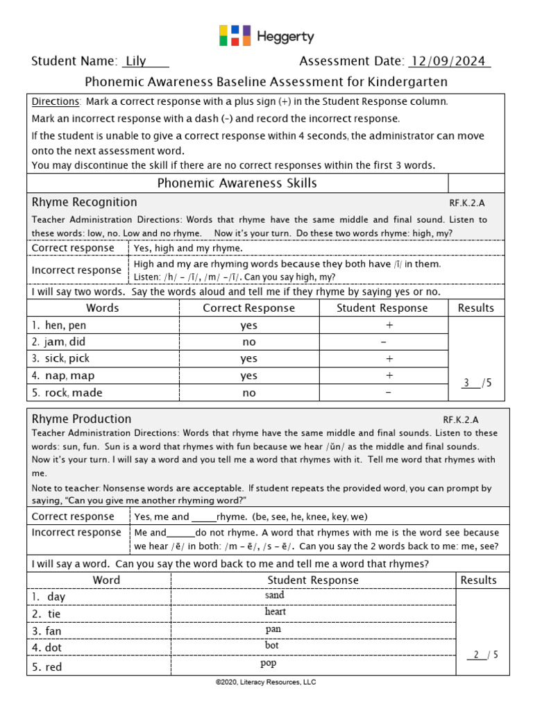 Kindergarten Phonemic Awareness Assessment | PDF | Linguistics | Human ...