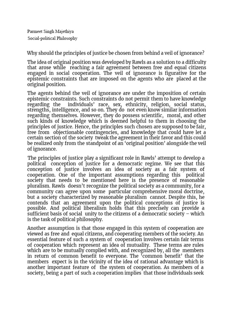 Essay On Rawls' Veil of Ignorance | PDF | Justice | Crime & Violence