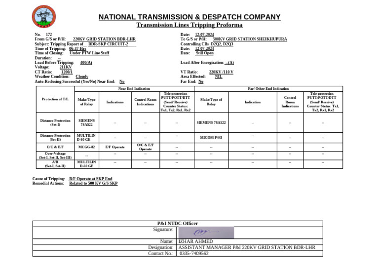 BDR-SKP-2 Line Trippings Dated 12-07-2024 | PDF | Electrical Components ...