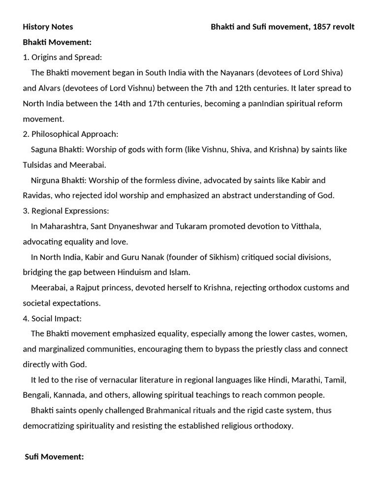 History Notes Bhakti and Sufi Movement | PDF | Bhakti | Bhakti Movement