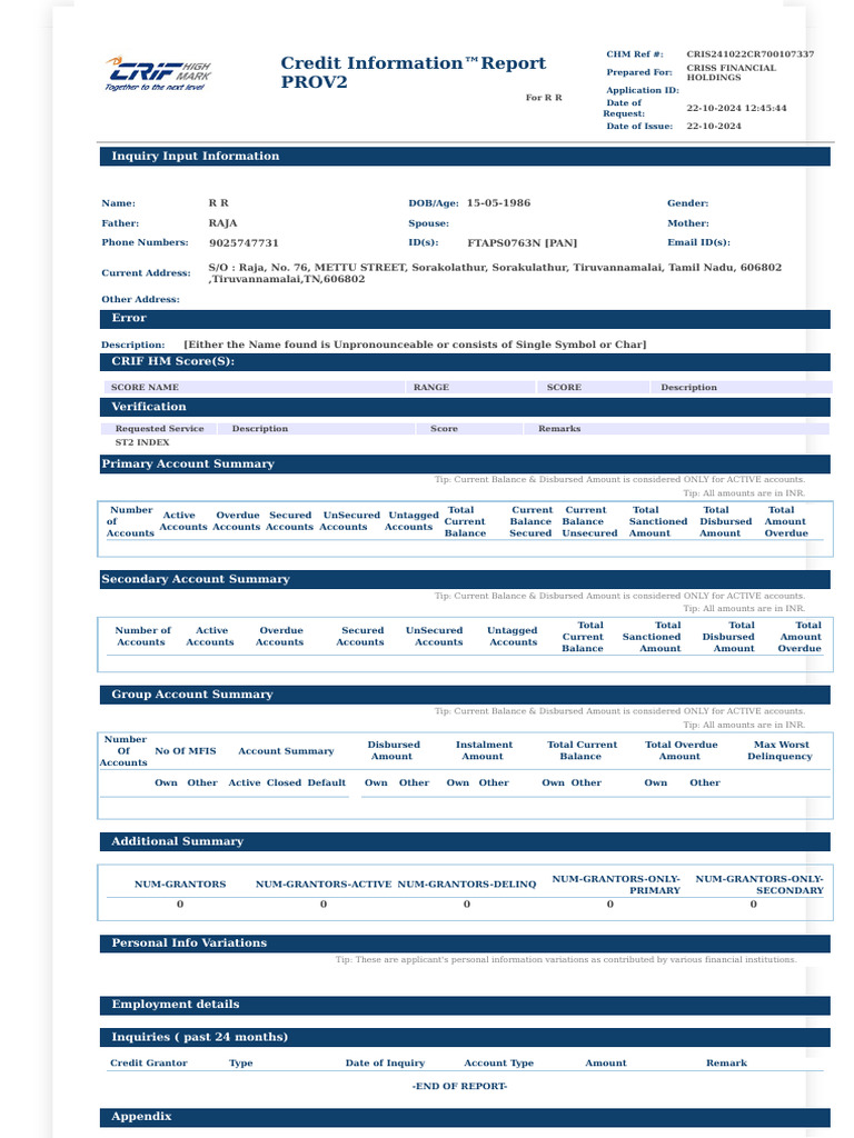 R SHAKTHI Crif Report 1729581346058 | PDF | Credit | Finance & Money ...