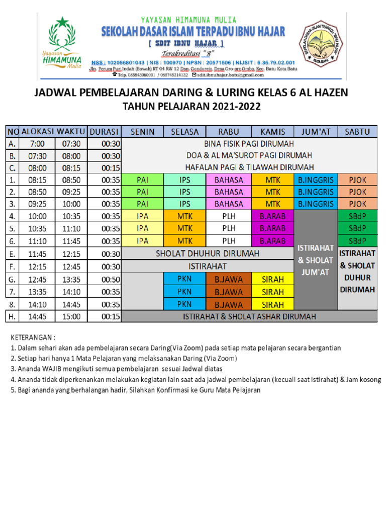 Jadwal Pelajaran Kelas 6 (Tapel 20212022) | PDF