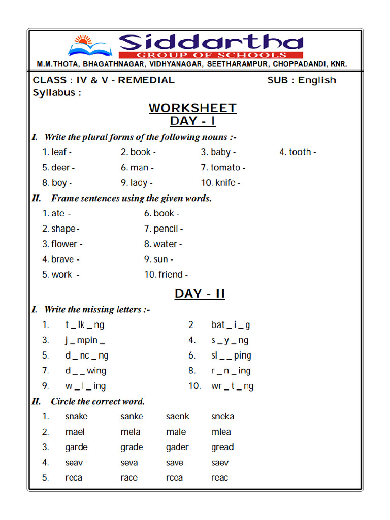 Class-4 & 5 (Remedial) English-Worksheet | PDF