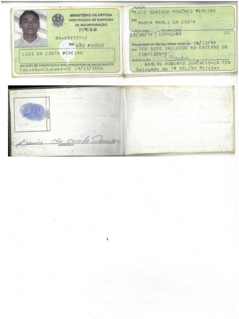 Certificado de Reservista - Luis Da Costa Pereira - 2 L LTPT | PDF