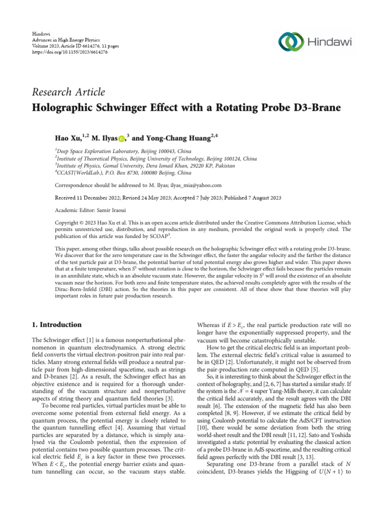 Advances in High Energy Physics - 2023 - Xu - Holographic Schwinger Effect With A Rotating Probe ...