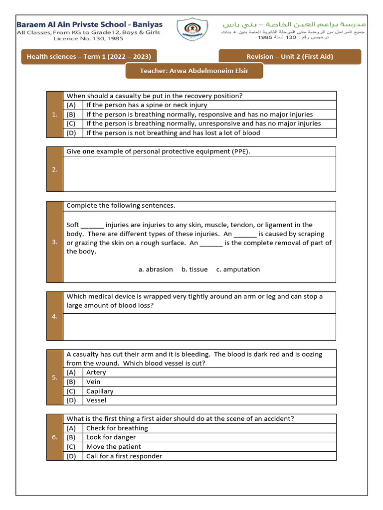 Unit 2 Revision G11 | PDF | First Aid | Artery