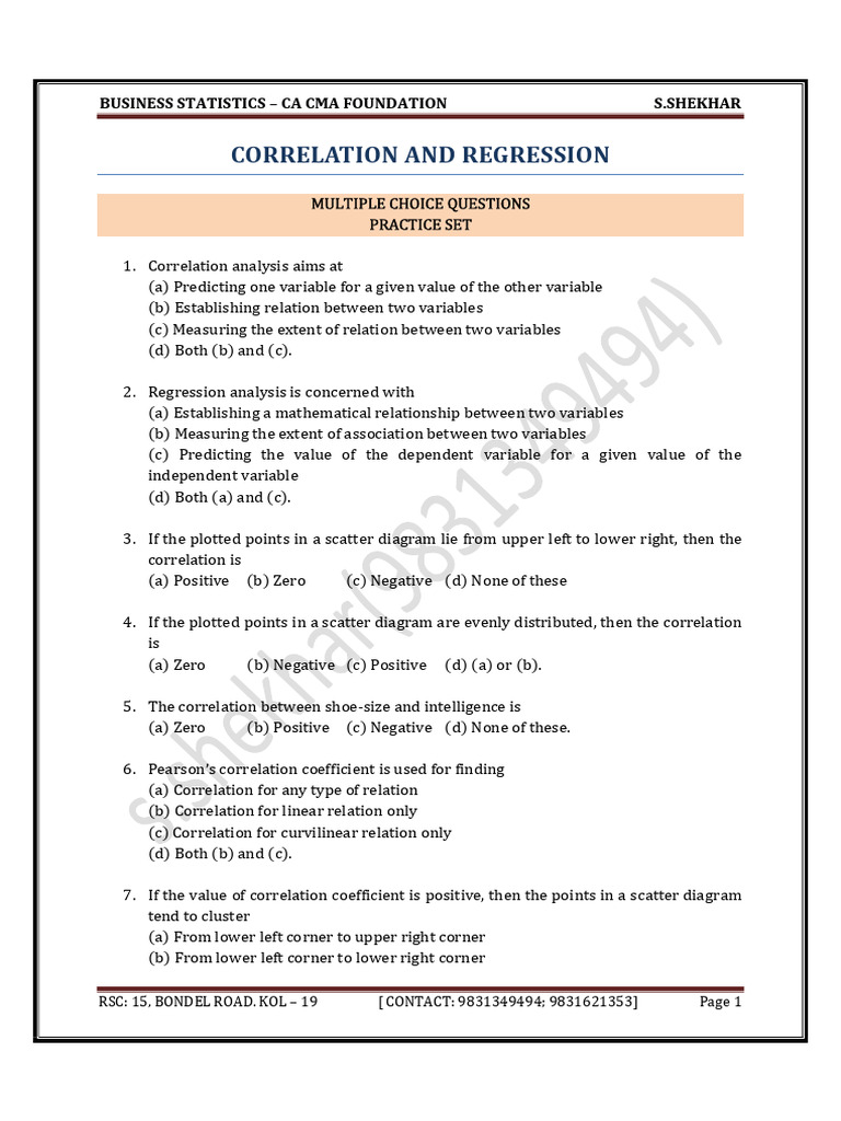 Corr. & Regr. MCQ MCQ Practice Set | PDF | Statistical Analysis ... Corr. & Regr. MCQ MCQ Practice Set | PDF | Statistical Analysis ...